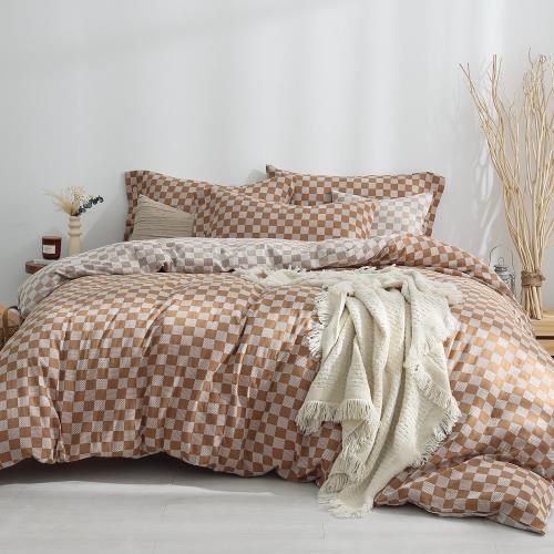 【馨眠Kim Gu Living】純棉雙層紗四件式被套床包組-摩卡格格(雙人)|被套床包組|Her森森購物網